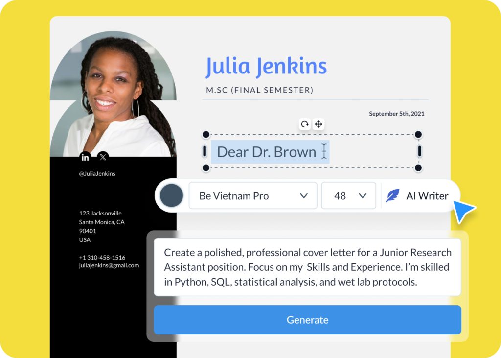 Free AI cover letter generator to help you create captivating cover letters